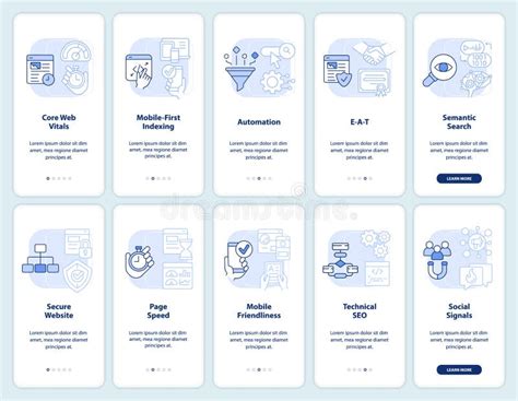 Search Engine Optimization Light Blue Onboarding Mobile App Screen Set Stock Illustration