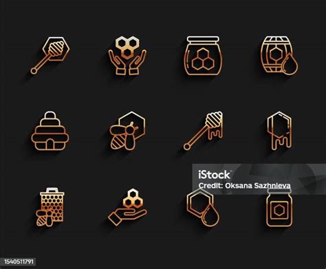 세트 라인 꿀벌과 벌집 벌집 손 국자 스틱 항아리 및 물방울 아이콘 벡터 개념에 대한 스톡 벡터 아트 및 기타 이미지 개념