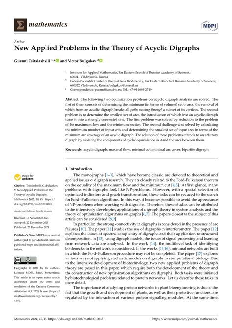 Pdf New Applied Problems In The Theory Of Acyclic Digraphs