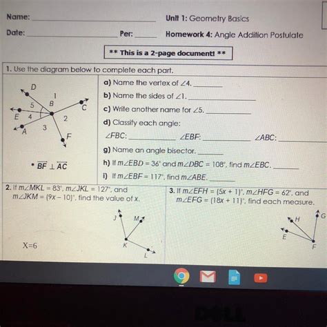 The Angle Addition Postulate Worksheet Answers