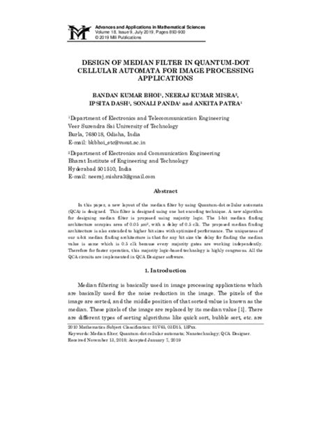 Pdf Design Of Median Filter In Quantum Dot Cellular Automata For Image Processing Applications