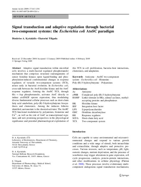Pdf Signal Transduction And Adaptive Regulation Through Bacterial Two Component Systems The