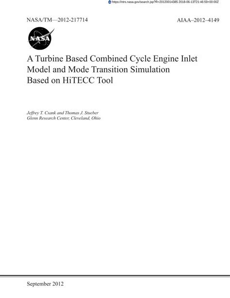 Pdf A Turbine Based Combined Cycle Engine Inlet Model And · Jeffr A