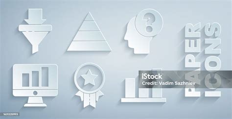 별표 사람 머리 물음표 모니터 그래프 차트 파이 인포 그래픽 피라미드 인포 그래픽 및 판매 깔때기 화살표 아이콘으로 메달을 설정합니다 벡터 3차원 형태에 대한 스톡 벡터