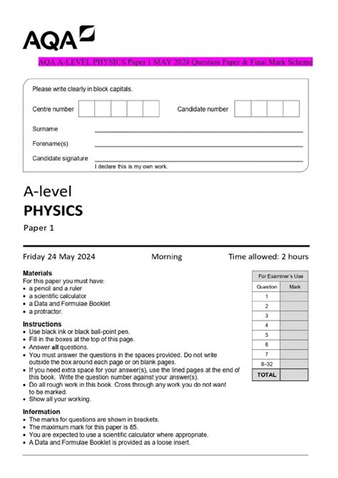 AQA A LEVEL PHYSICS Paper MAY Question Paper Final Mark Scheme AQA AS LEVEL A LEVEL