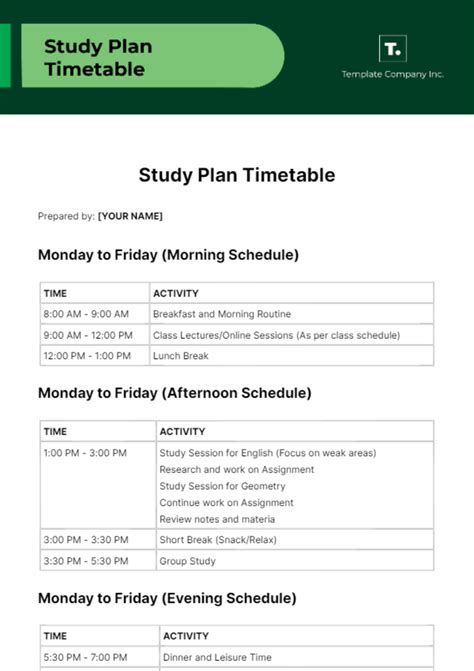 Free Study Plan Timetable Template To Edit Online
