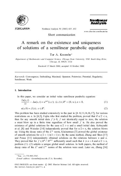 Pdf A Remark On The Existence And Uniqueness Of Solutions Of A Semilinear Parabolic Equation