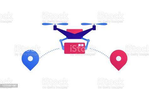 무인 항공기 비행 항공 및 무인 물류 서비스 개념 벡터 플랫 일러스트레이션입니다 지도 핀 사이의 경로에 로봇 배달 패키지 배너 포스터 인포그래픽을 위한 디자인 0명에 대한