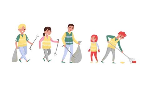 Premium Vector Men And Women Collect Garbage In Bags Vector Illustration