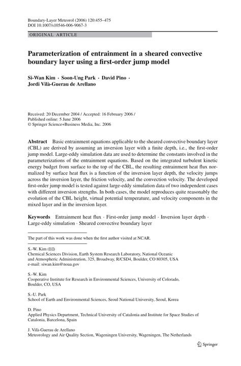 Pdf Parameterization Of Entrainment In A Sheared Convective Boundary Layer Using A First Order