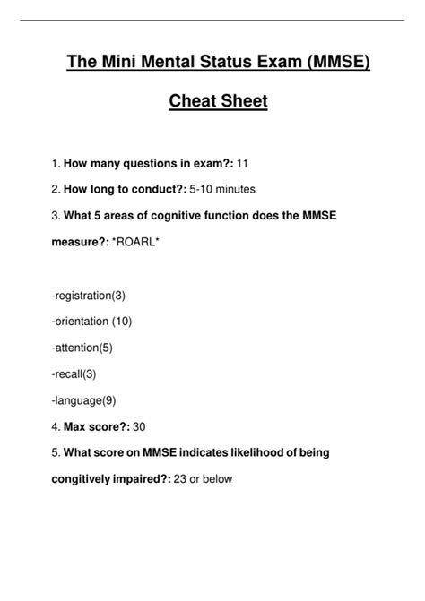 The Mini Mental Status Exam Mmse Cheat Sheet Mmse Stuvia Us