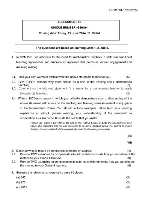 Opm1501 Assessment 2 2024 Opm1501 10 2 0 2024 The Questions Are Based On Learning Units 1
