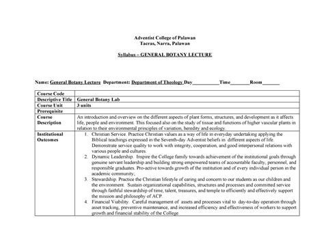 Botany Lab Syllabus Adventist College Of Palawan Tacras Narra Palawan Syllabus General