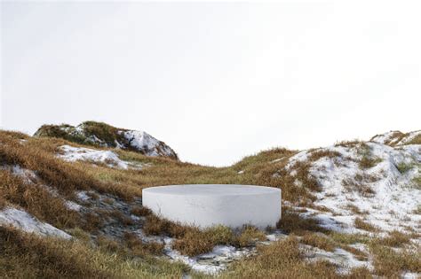 3d 렌더링 플랫폼 및 자연 겨울 배경 제품 스탠드 디스플레이 광고 모형 등을 위한 강설 후 계곡의 마른 초원에 돌 연단 0명에 대한 스톡 사진 및 기타 이미지 Istock