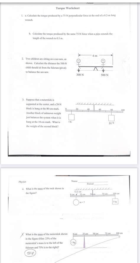 Solved Physics Period Torque Worksheet A Calculate The Torque