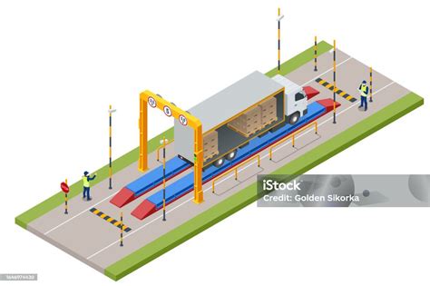 계량 저울에 아이소메트릭 컨테이너 자동차 화물 운송 컨테이너가 있는 트럭 트레일러 계량대에 적재된 트레일러 트럭 계량 제어 플랫폼 등측투영법에 대한 스톡 벡터 아트 및 기타