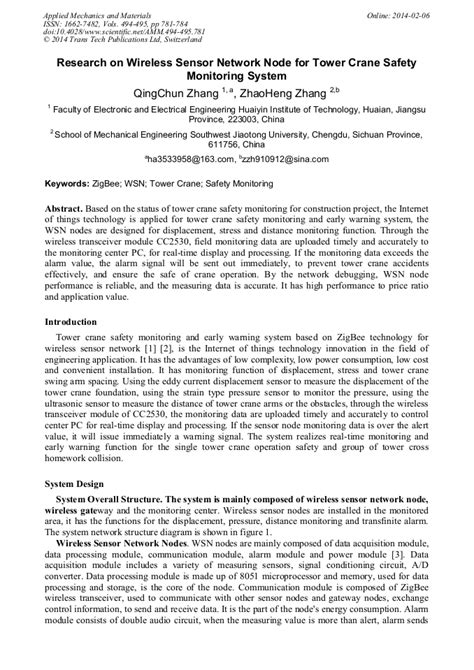 Research On Wireless Sensor Network Node For Tower Crane Safety Monitoring System Scientificnet