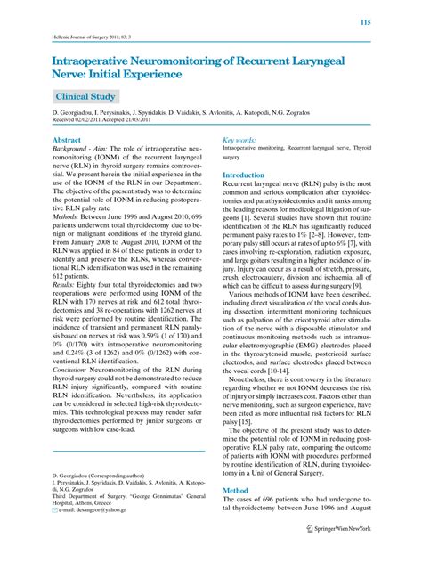 Pdf Intraoperative Neuromonitoring Of Recurrent Laryngeal Nerve Initial Experience