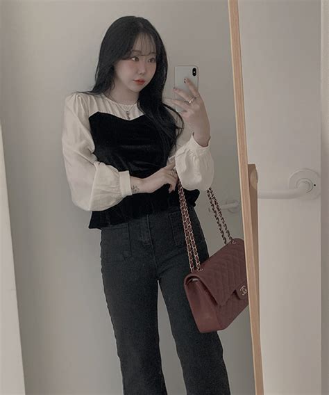 하비언니 12941 페미닌 연말룩 레이어드 실키 벨벳 배색 블라우스 아이 베이지 2color