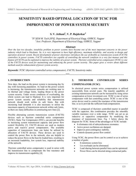 Sensitivity Based Optimal Location Of Tcsc For Improvement Of Power System Security Pdf