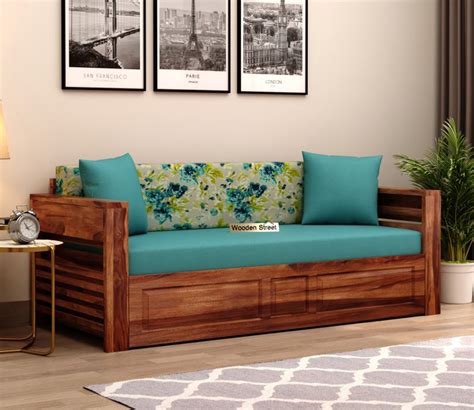 Buy Feltro Sheesham Wood Sofa Bed With Storage King Size Honey Teal