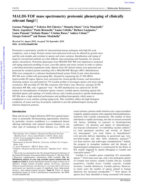 Pdf Maldi Tof Mass Spectrometry Proteomic Phenotyping Of Clinically