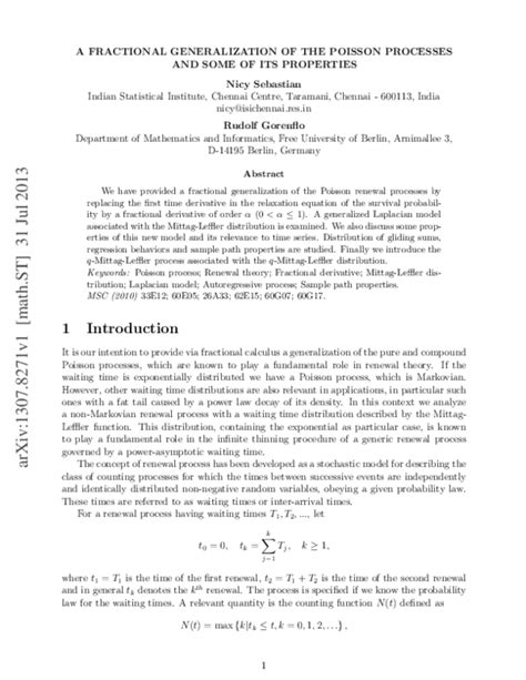 Pdf A Fractional Generalization Of The Poisson Processes