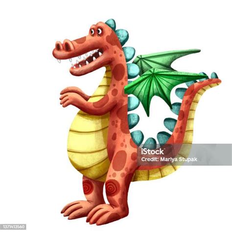 바이킹 드래곤의 귀여운 그림 재미있는 신비한 생물 예술의 만화 스타일 동화 이야기 녹색 날개와 빨간 용 어린이 일러스트 스타일 바이킹에 대한 스톡 벡터 아트 및 기타 이미지