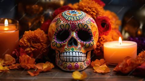 Un Primer Plano De Una Calavera De Azúcar Pintada Tradicionalmente En