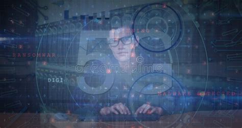 Image Of Scope Scanning With 5g Text And Data Processing Over Caucasian Hacker In Server Room