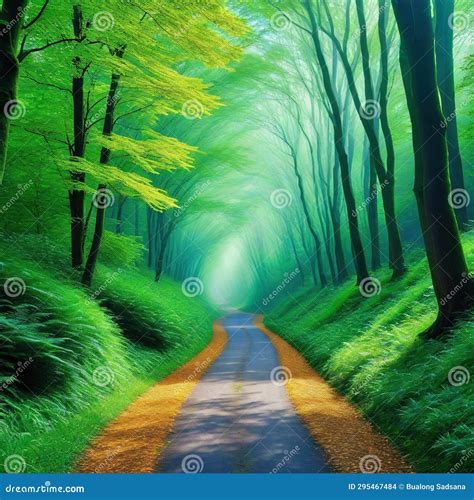 A Winding Path Through A Dense With Rays Of Sunlight Peeking Through The Canopy Digital