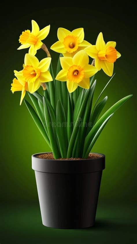 A Black Pot Holds Two Yellow Daffodils Which Are Situated Against A