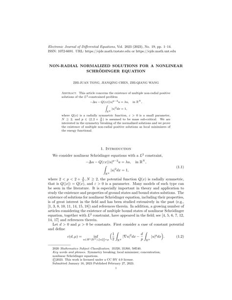 Pdf Non Radial Normalized Solutions For A Nonlinear Schrodinger Equation
