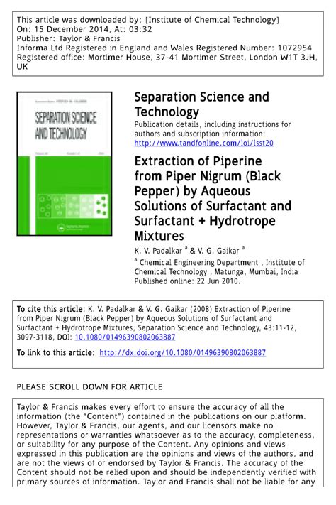 Pdf Extraction Of Piperine From Piper Nigrum Black Pepper By Aqueous Solutions Of Surfactant