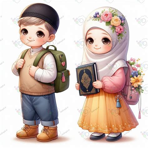 بک گراند کودکانه دختر دانش آموز ناز با حجاب قرآن در دست و پسر دانش آموز با کوله پشتی کد 42873