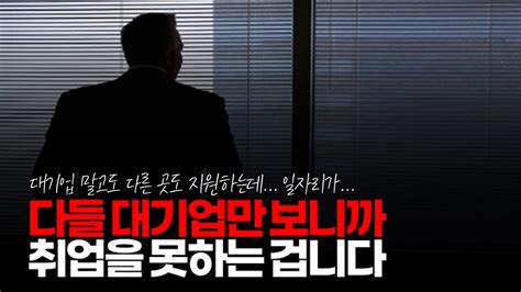 시청자댓글 다들 대기업만 보니까 취업을 못하는 겁니다 연봉 5천 이상 아니면 안 들어 가니까 에라이 그냥 자영업이나 하자 이렇게 되는 겁니다 Youtube