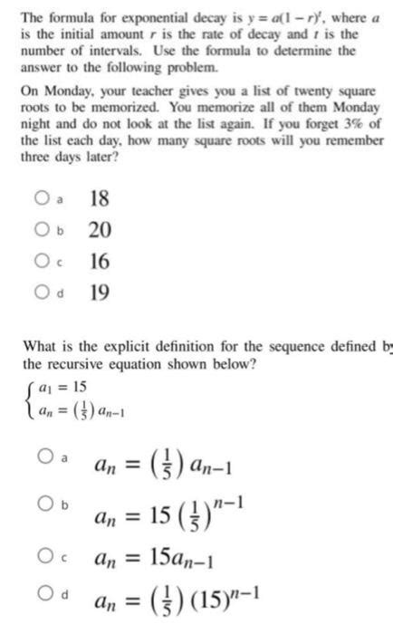 Solved The Formula For Exponential Decay Is Y A R T Where Chegg