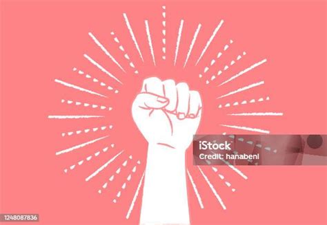 시위 혁명 항의는 당신의 권리를 위한 싸움 캡션으로 팔 주먹을 올렸습니다 태양 광선 배경에 주먹 실루엣입니다 벡터 그림입니다 Revolution에 대한 스톡 벡터 아트 및