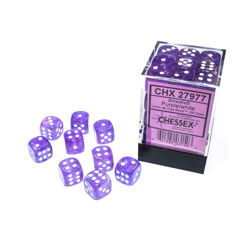 Chessex Borealis 12mm D6 Purplewhite Luminary Dice Block 36 Dice