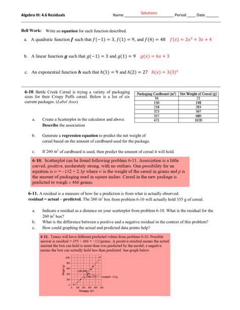 Algebra III Residuals Worksheet With Solutions