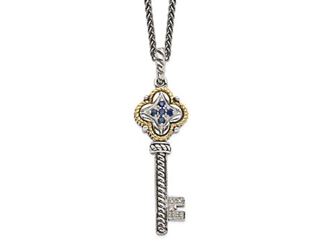 Sterling Silver Antiqued With 14k Accent Sapphire And Diamond Key