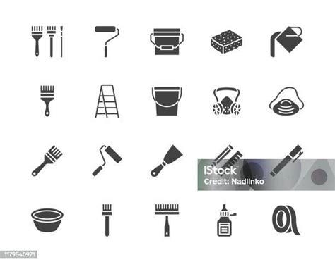 화가 도구 평면 문양 아이콘 설정 홈 개조 장비 롤러 페인트 브러시 사다리 마스킹 테이프 호흡보호구 벡터 그림 표지판 인테리어 디자인 실루엣 픽토그램 픽셀 퍼펙트 64x64