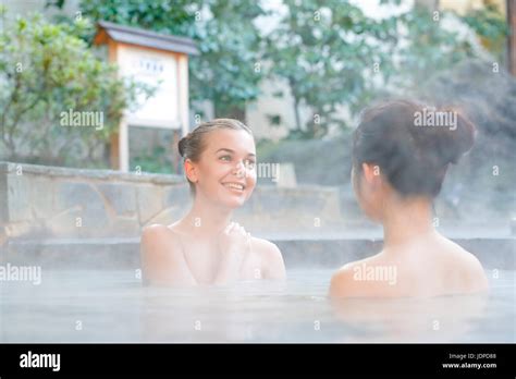 Japanese Woman Bathing At Traditional Hot Spring Hi Res Stock
