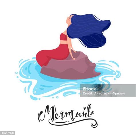 푸른 머리와 붉은 꼬리와 인 어는 물에 돌에 앉아 있다 측면 보기 글자 0명에 대한 스톡 벡터 아트 및 기타 이미지 0명 공주 귀여운 Istock