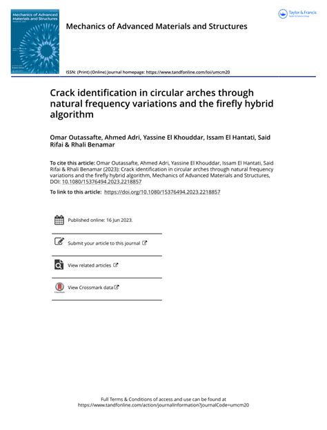 pdf crack identification in circular arches through natural frequency