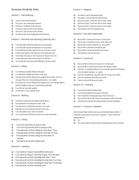 Oswestry Disability Index Questionnaire Form Fill Out Sign Online And Download Pdf
