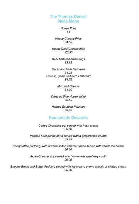 Menu At The Thomas Daniell Pub And Bar Truro