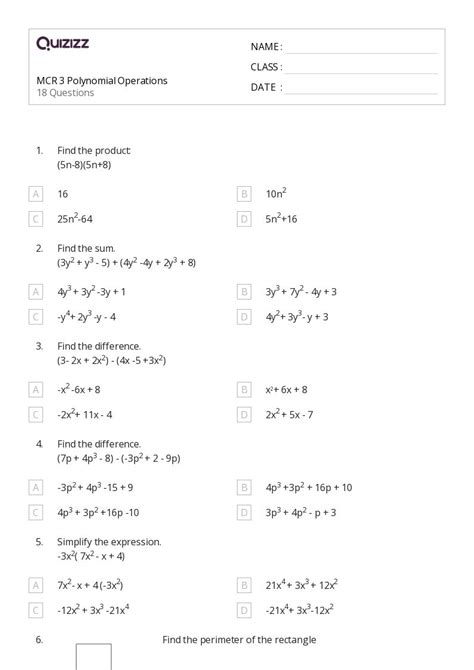 50 Polynomial Operations Worksheets For 9th Class On Quizizz Free