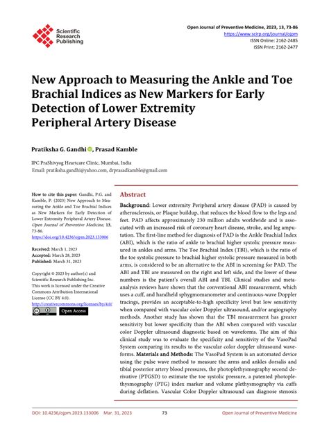 Pdf New Approach To Measuring The Ankle And Toe Brachial Indices As