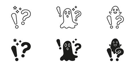 호기심 놀라움 수수께끼 표현 상징집 할로윈과 감정 개념 느낌표와 물음표가 있는 유령 선과 단단한 아이콘 세트 고립 된 벡터 일러스트 레이 션 가공의 인물에 대한 스톡 벡터